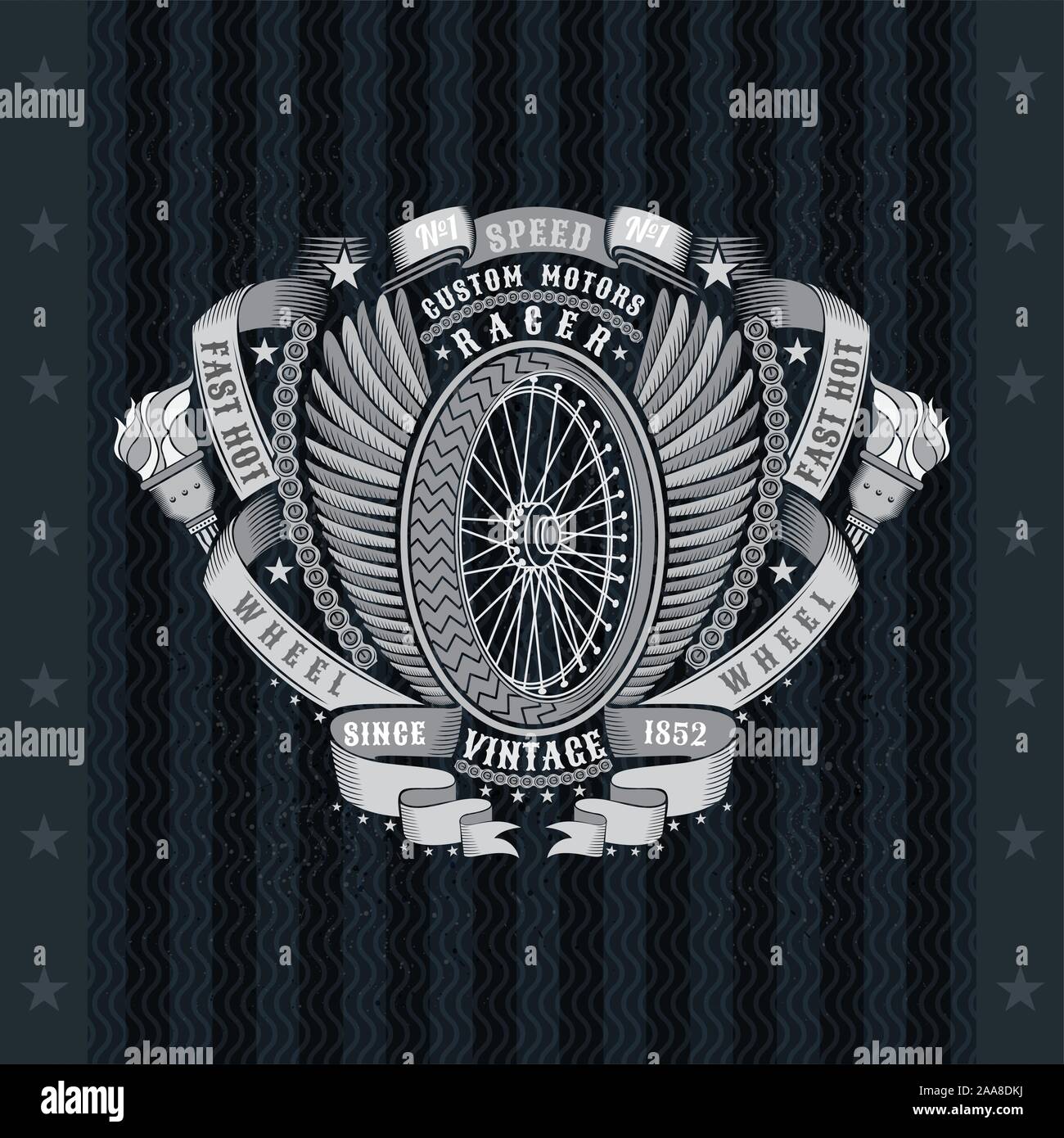 Motorbike wheel side view between wings, ribbons and chain. Vintage ...