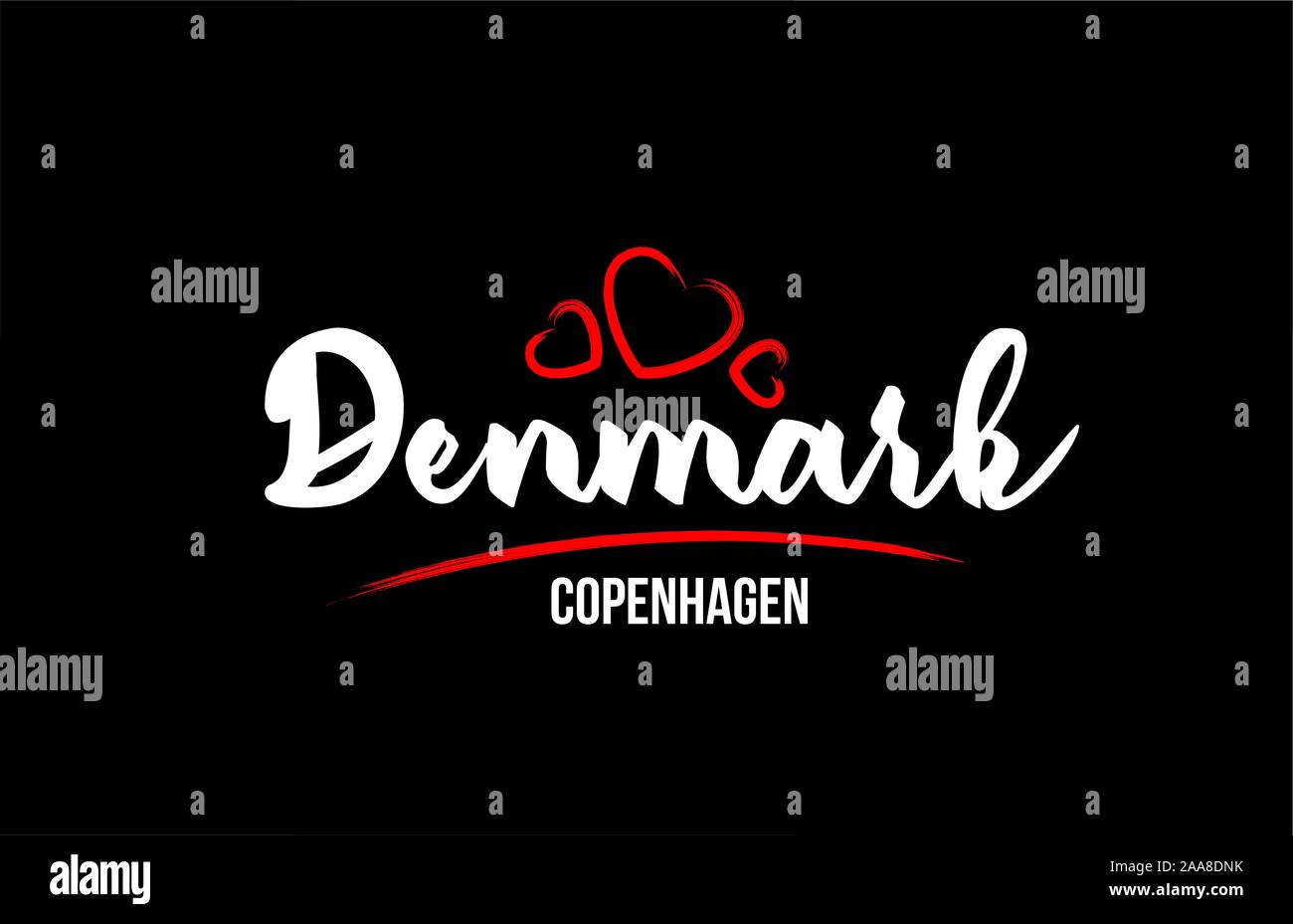 Denmark country on black background with red love heart and its capital Copenhagen creative ...