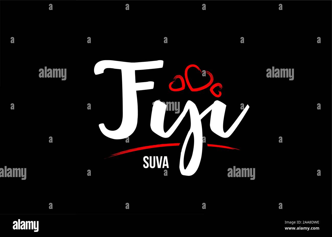 Fiji country on black background with red love heart and its capital ...