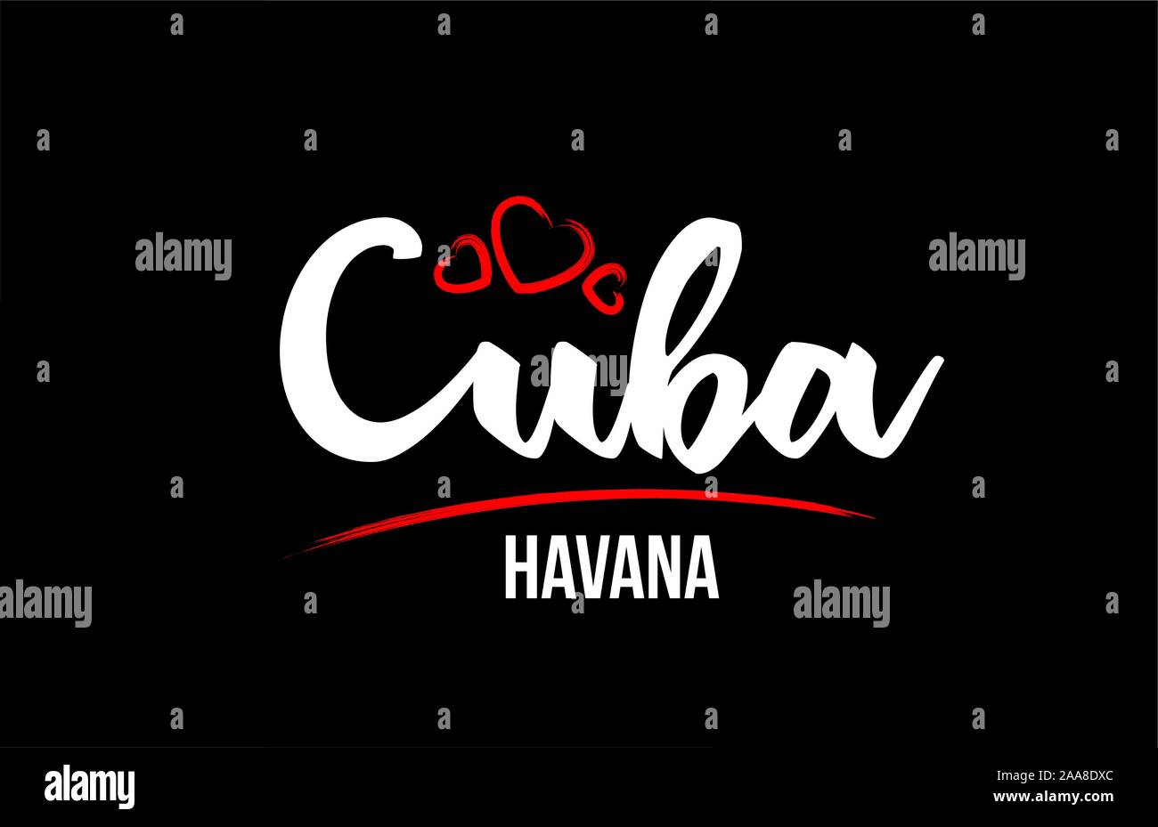 Cuba country on black background with red love heart and its capital ...