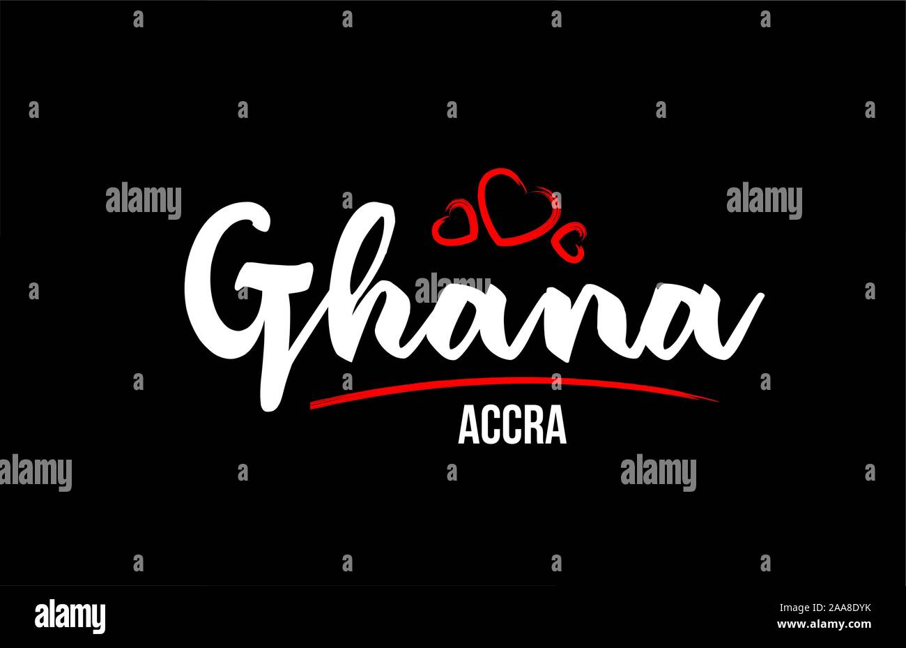 Ghana country on black background with red love heart and its capital ...