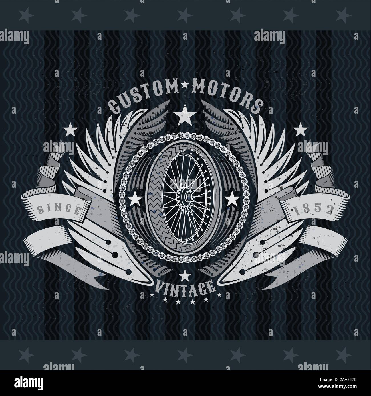 Motorbike wheel side view between wings and ribbon with round chain ...