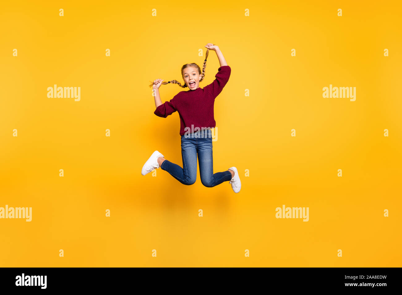 Full length body size view of nice attractive overjoyed cheerful cheery ...