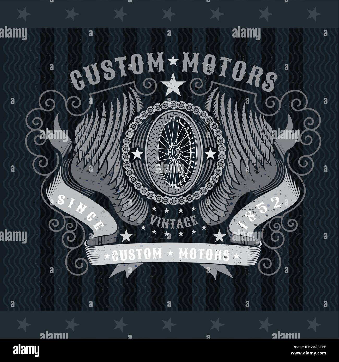 Motorbike wheel side view inside of round chain frame between wings and ...