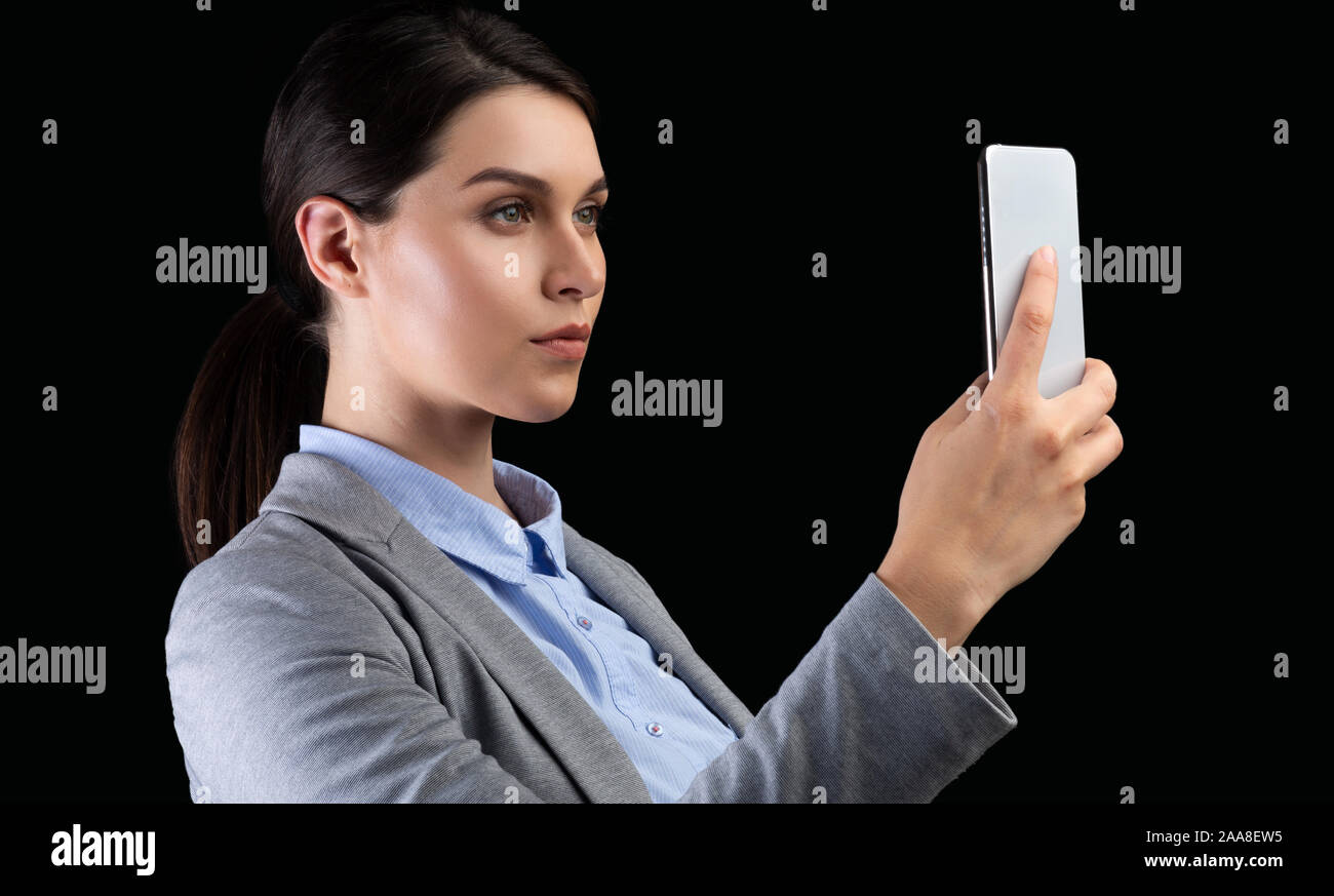 Business Lady Using Smartphone Identifying Person Standing On Black ...