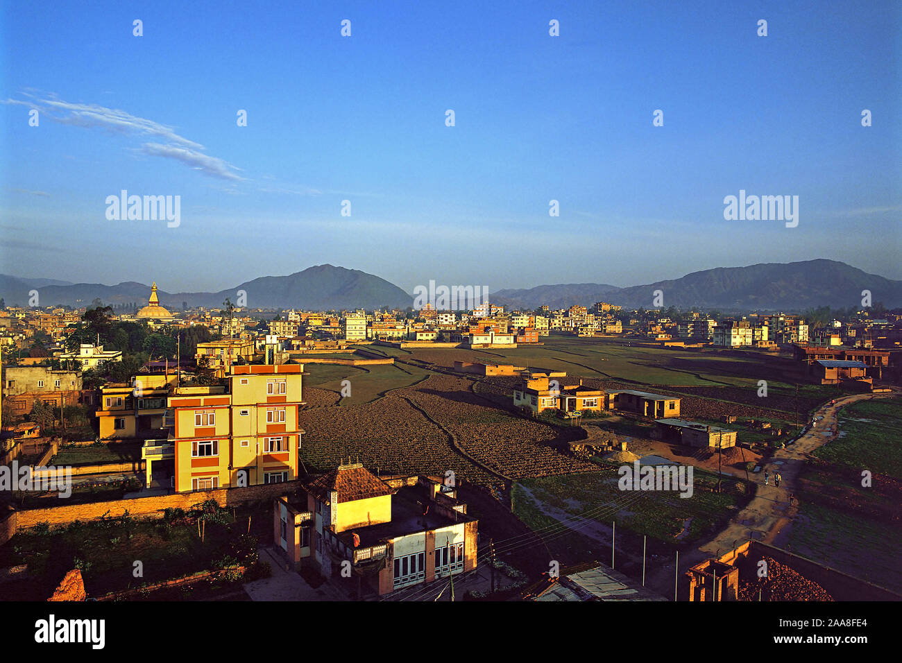 The Kathmandu suburb of Bauddha or Bodnath in the early morning ...