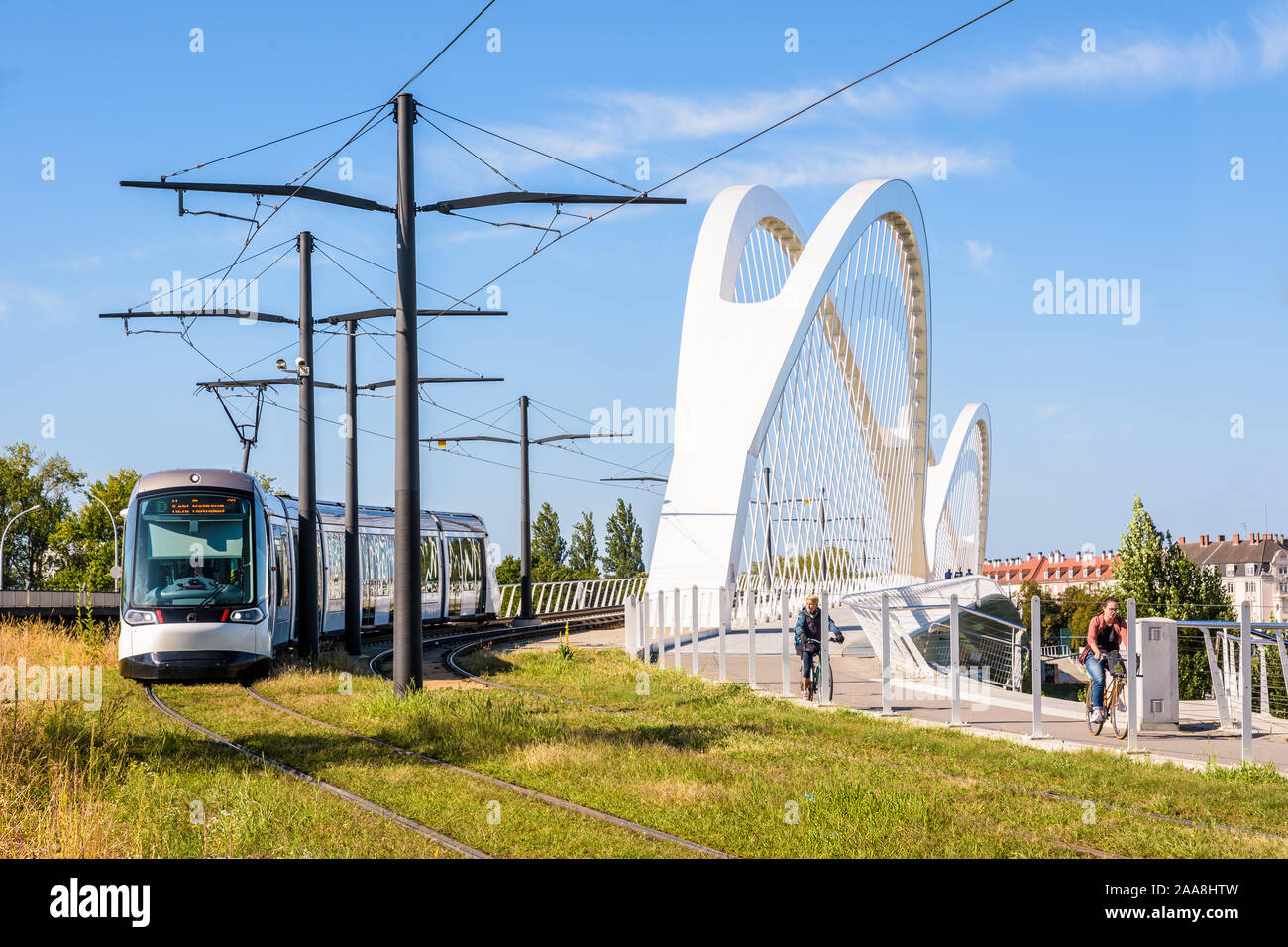 A Citadis streetcar of Strasbourg tramway has crossed the Beatus ...