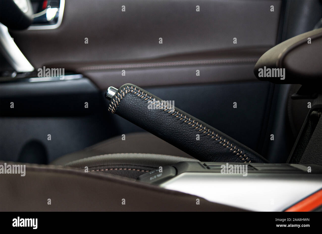 car interior, Focus on hand break Stock Photo - Alamy