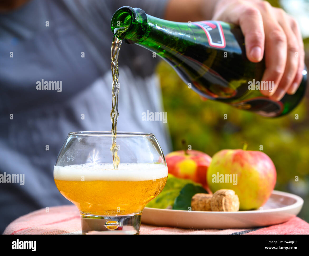 Pouring of french apple cider in glass made from new harvest apples ...