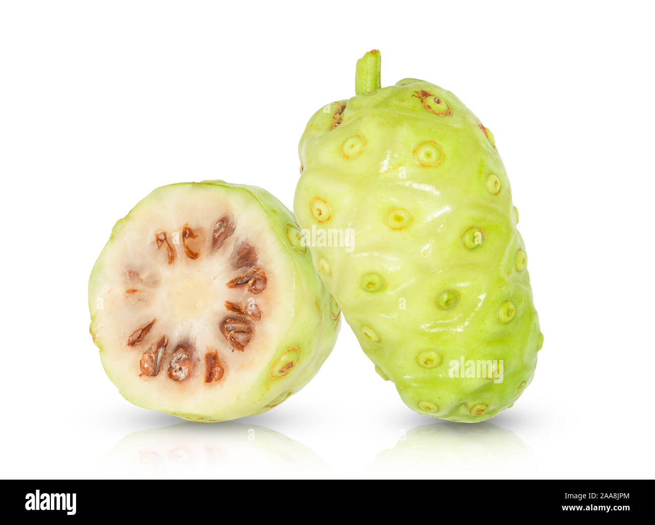 Noni or Morinda Citrifolia fruits and half slice isolated on white ...