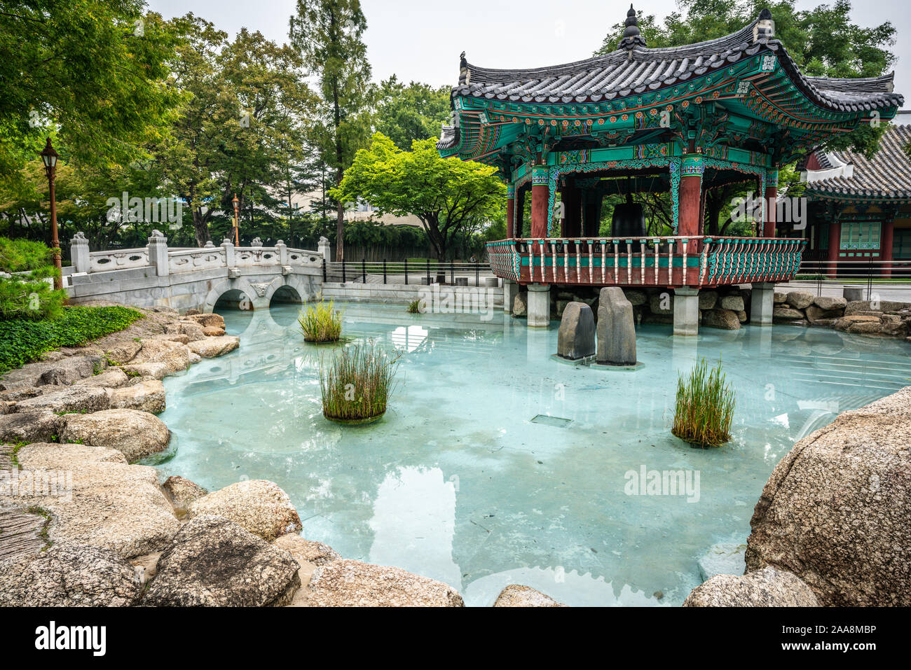 Pond and pavilion view at Gyeongsanggamyeong aka central park in Daegu ...