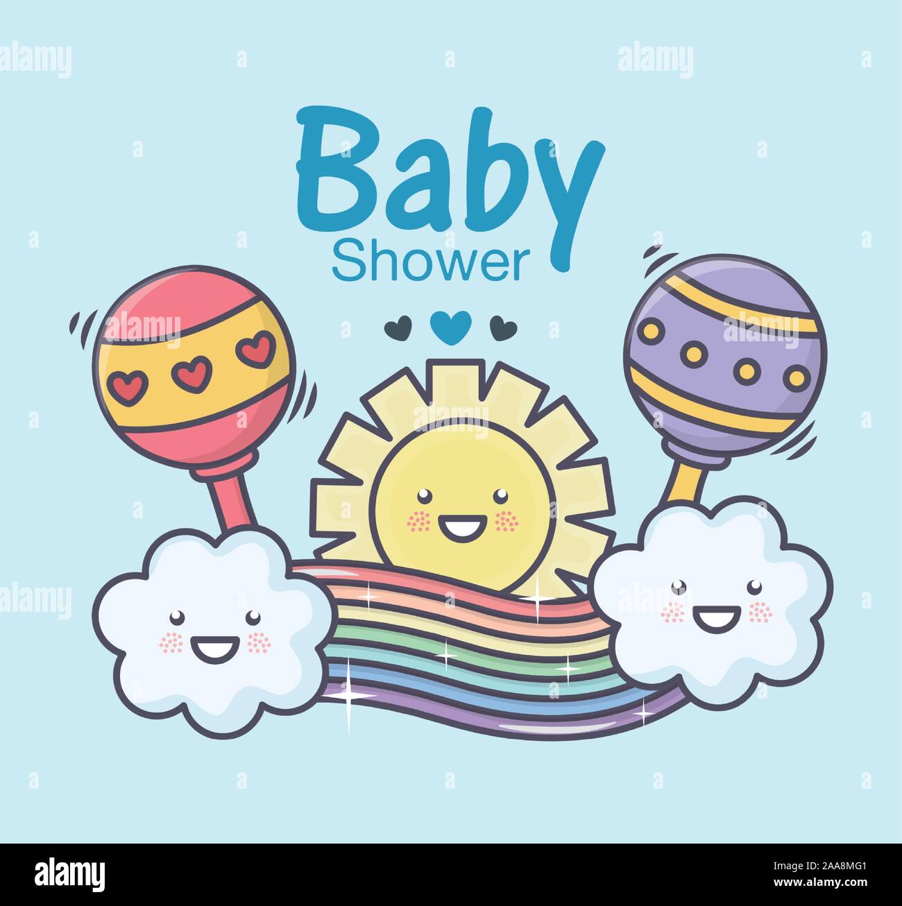 baby shower rattles toy sun rainbow clouds vector illustration Stock ...
