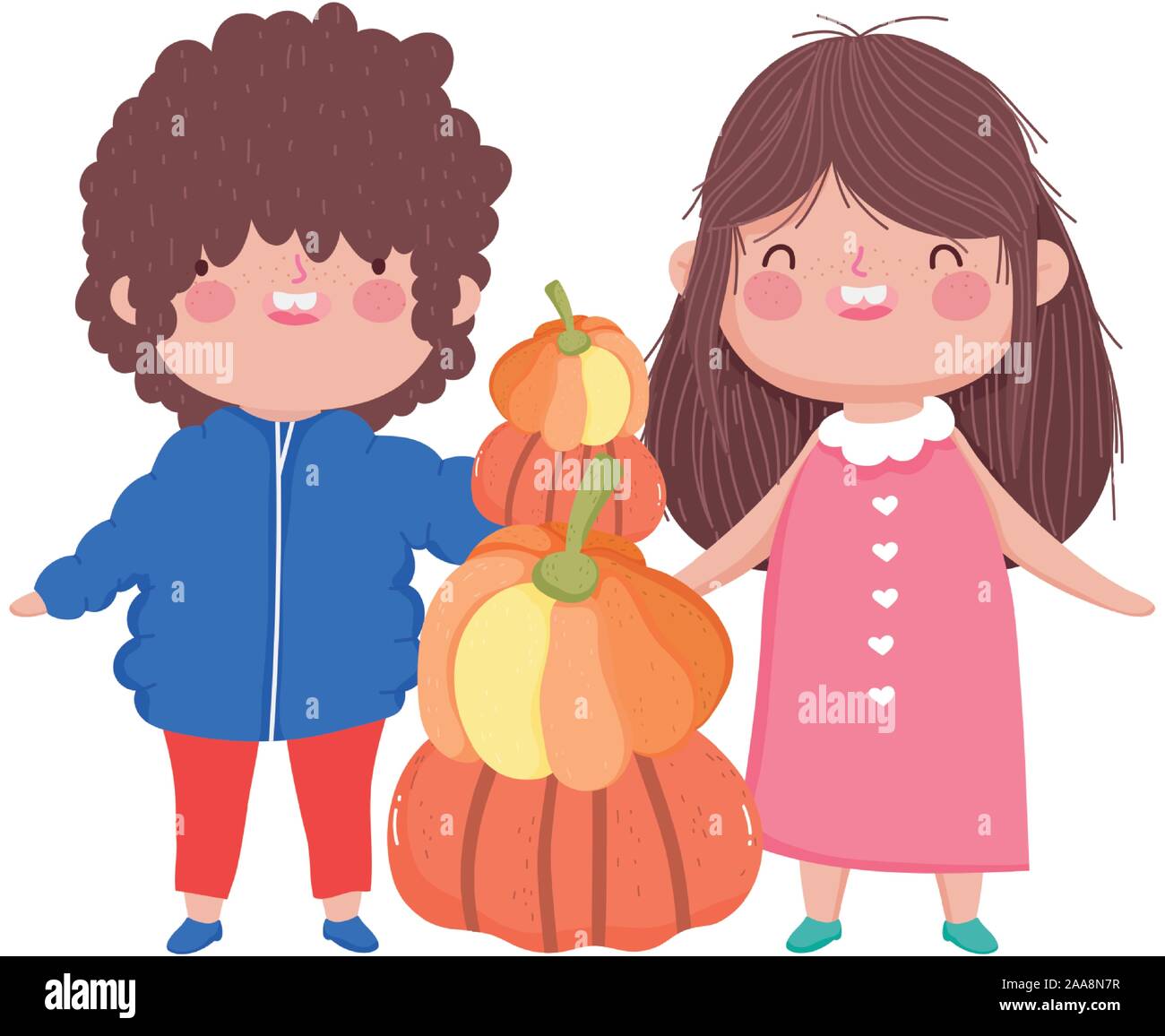 happy thanksgiving day cute little boy and girl with pumpkins vector ...