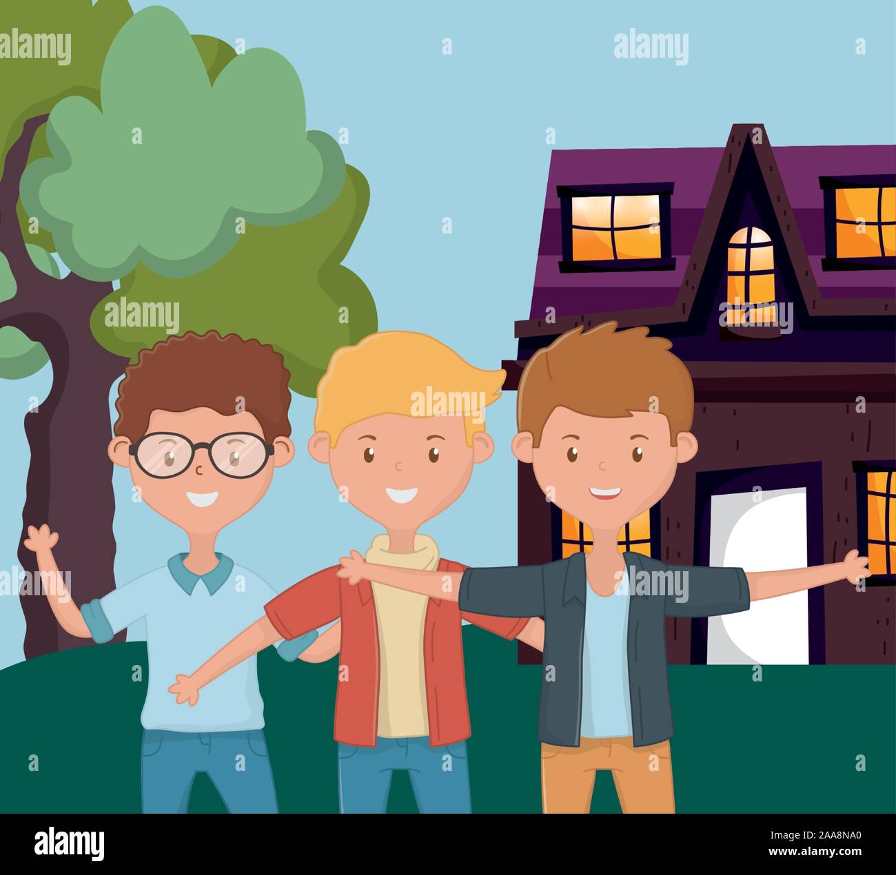 group of men hugging in front of the outdoor cottage vector ...