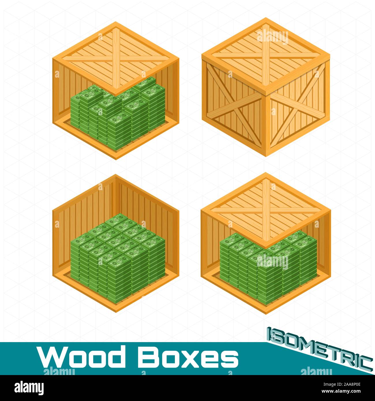 Isometric different wood boxes closed and open from side with pack of ...