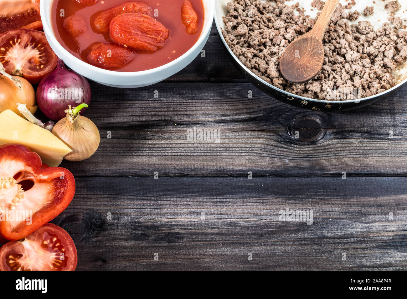 Cooking of spaghetti bolognese, ingredients of italian food Stock Photo ...