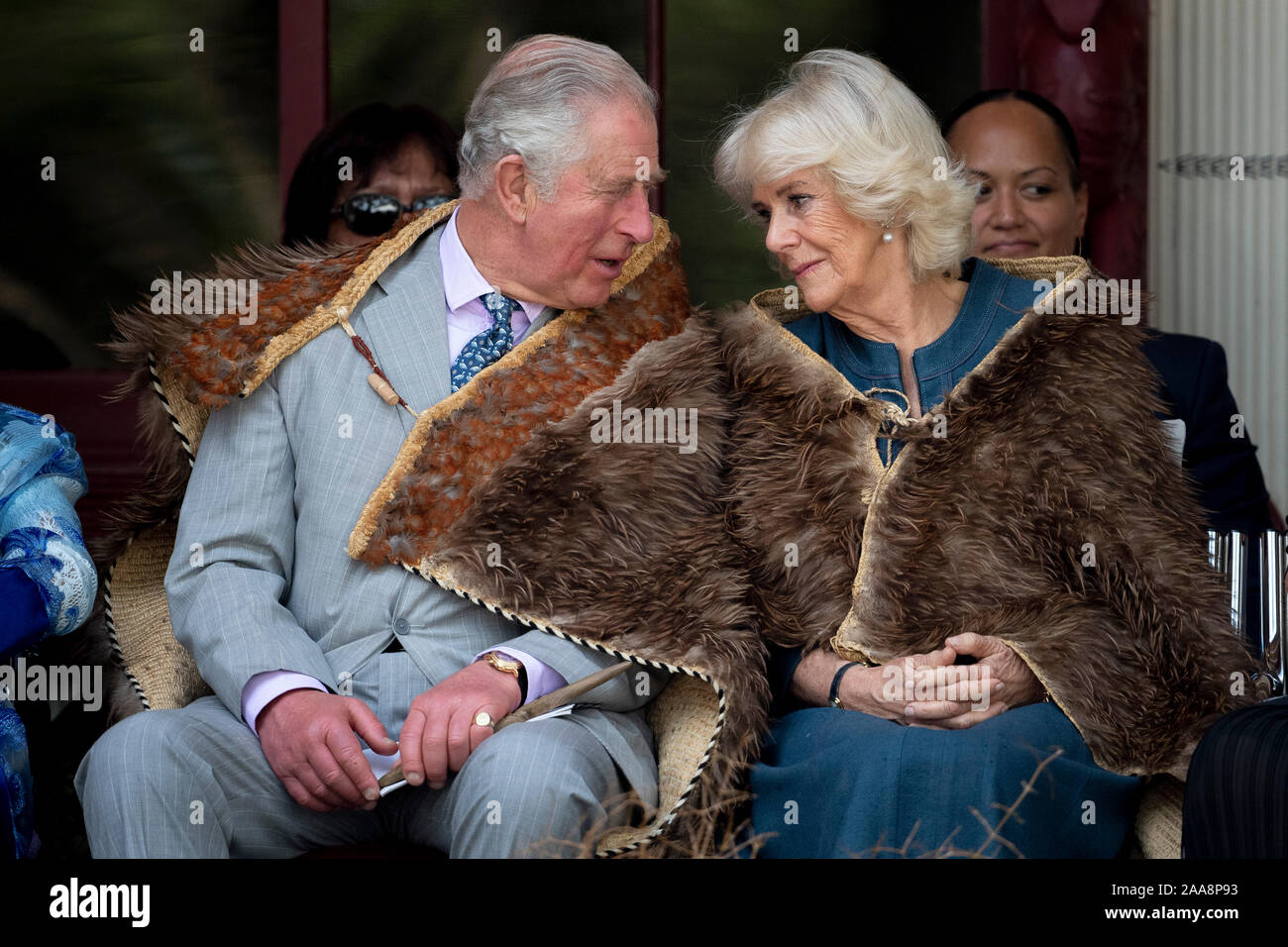 The Prince of Wales and the Duchess of Cornwall wearing Maori cloaks ...