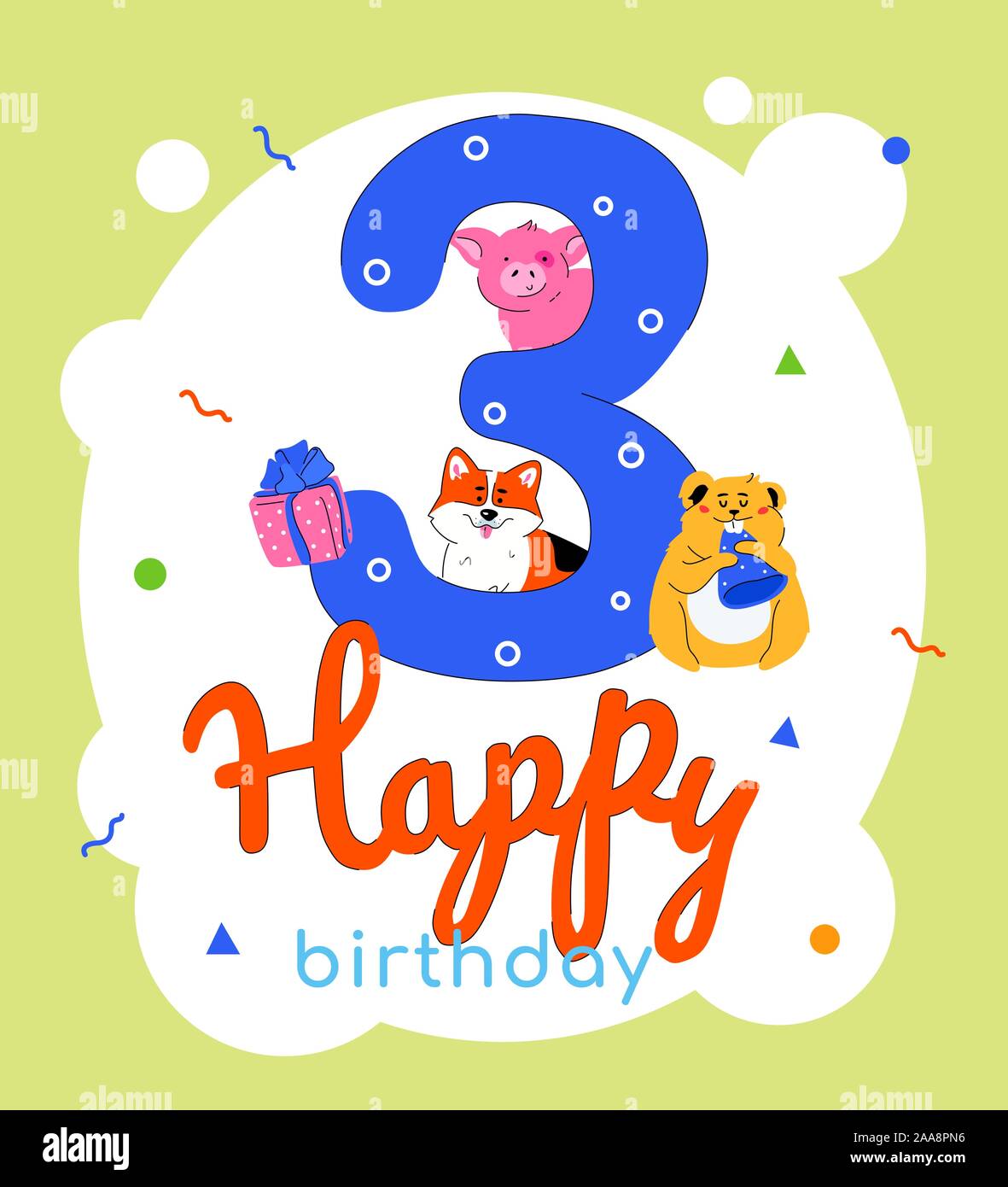 Children 3rd birthday greeting card vector template Stock Vector Image ...