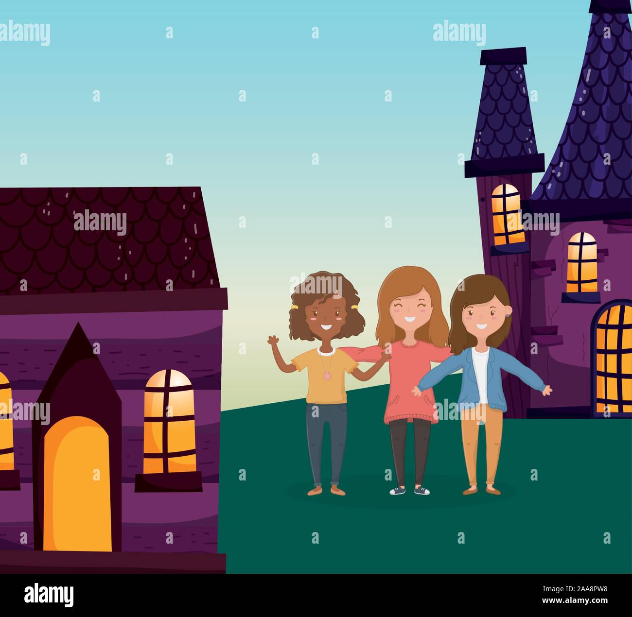 group of women hugging in front of the country house vector ...
