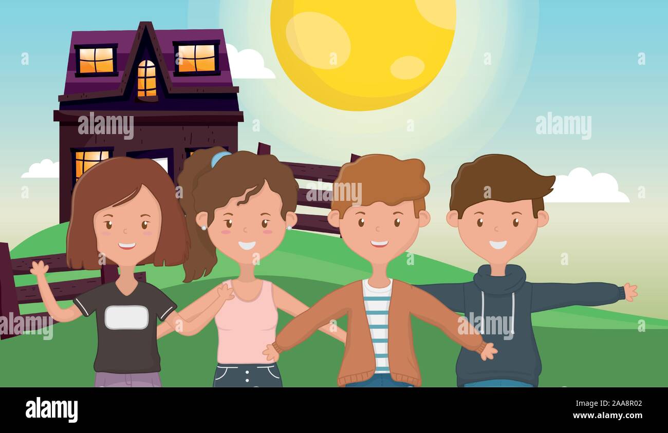 young people hugging cottage country outdoor scene vector illustration ...
