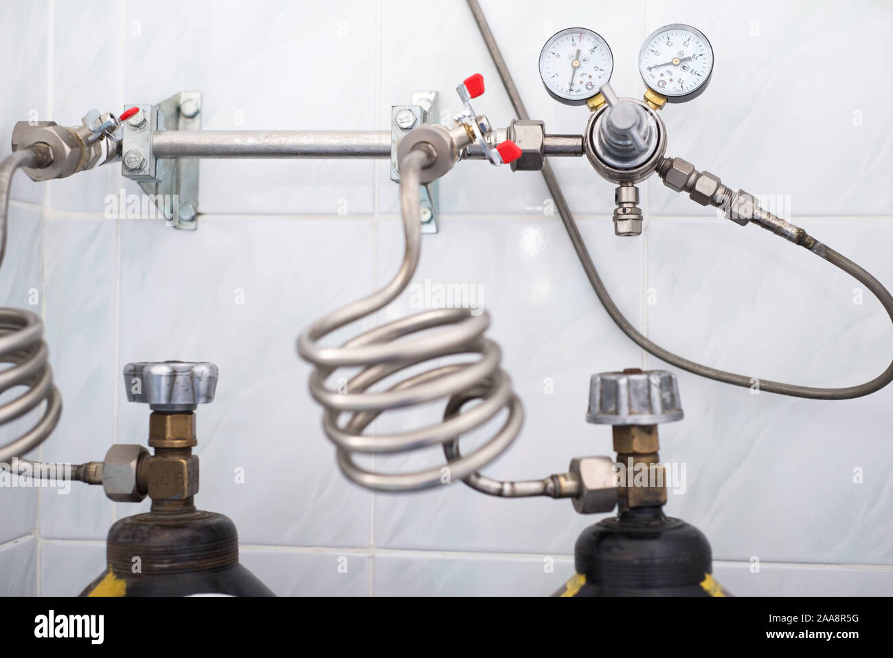 medical gas in cylinders. Oxygen in the operating room. Two cylinders ...