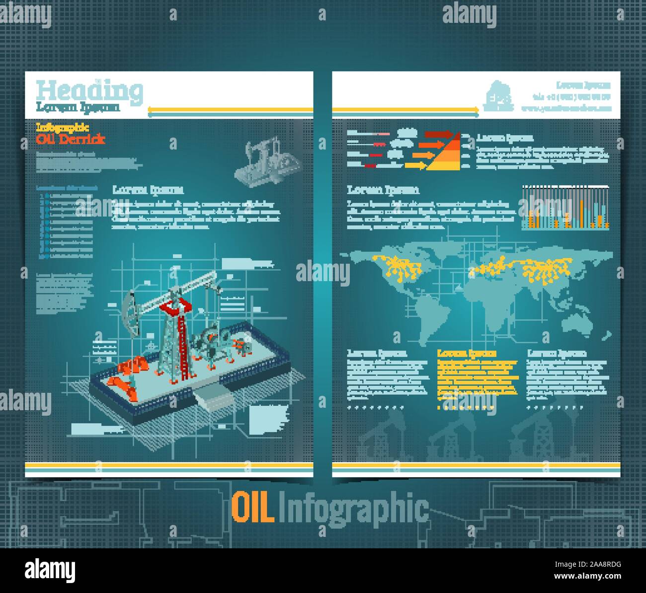 Blue Business brochure or flyer design template with realistic gas rig ...