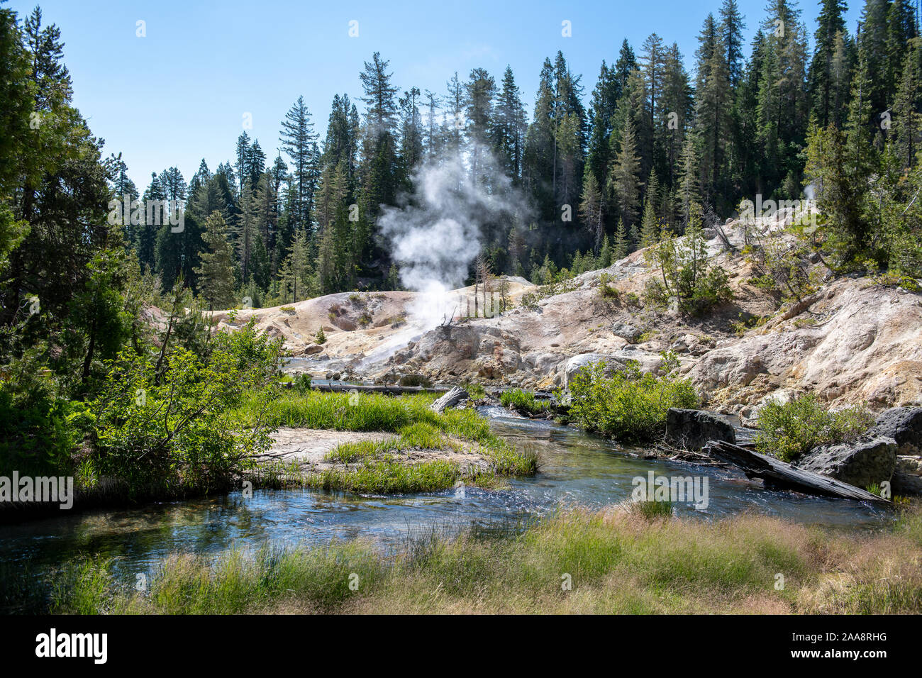 Steam rising from natural hot springs alongside Hot Springs Creek Stock ...