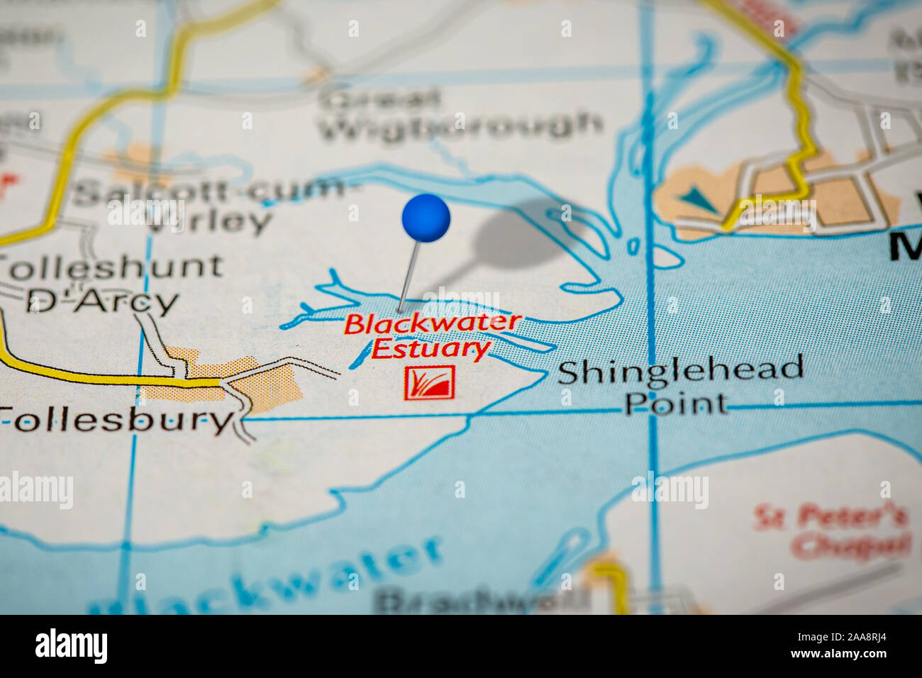 Blue Map Pin on Paper Map Showing Blackwater Estuary Stock Photo - Alamy