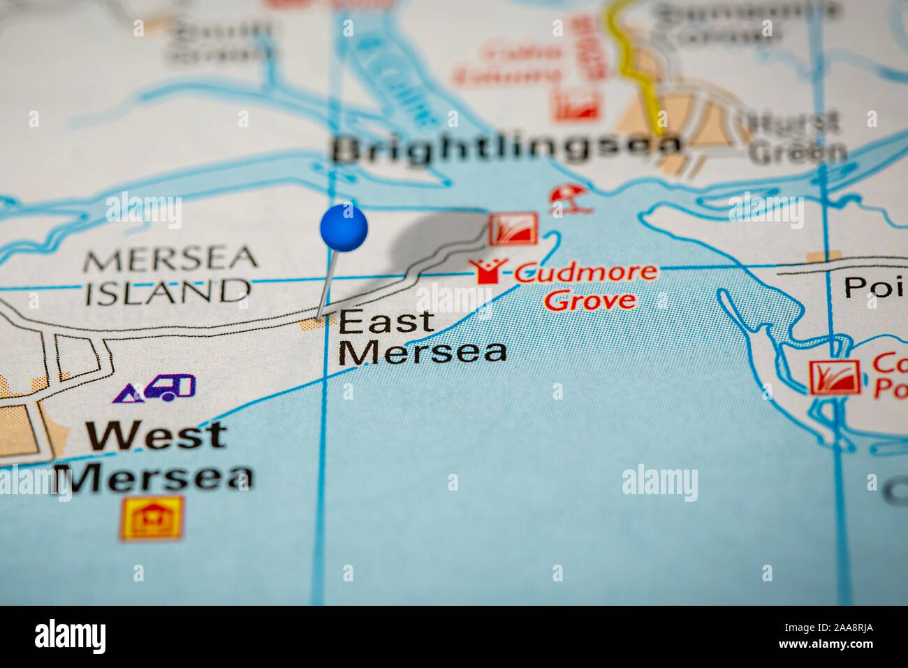 Blue Map Pin on Paper Map Showing East Mersea Stock Photo - Alamy