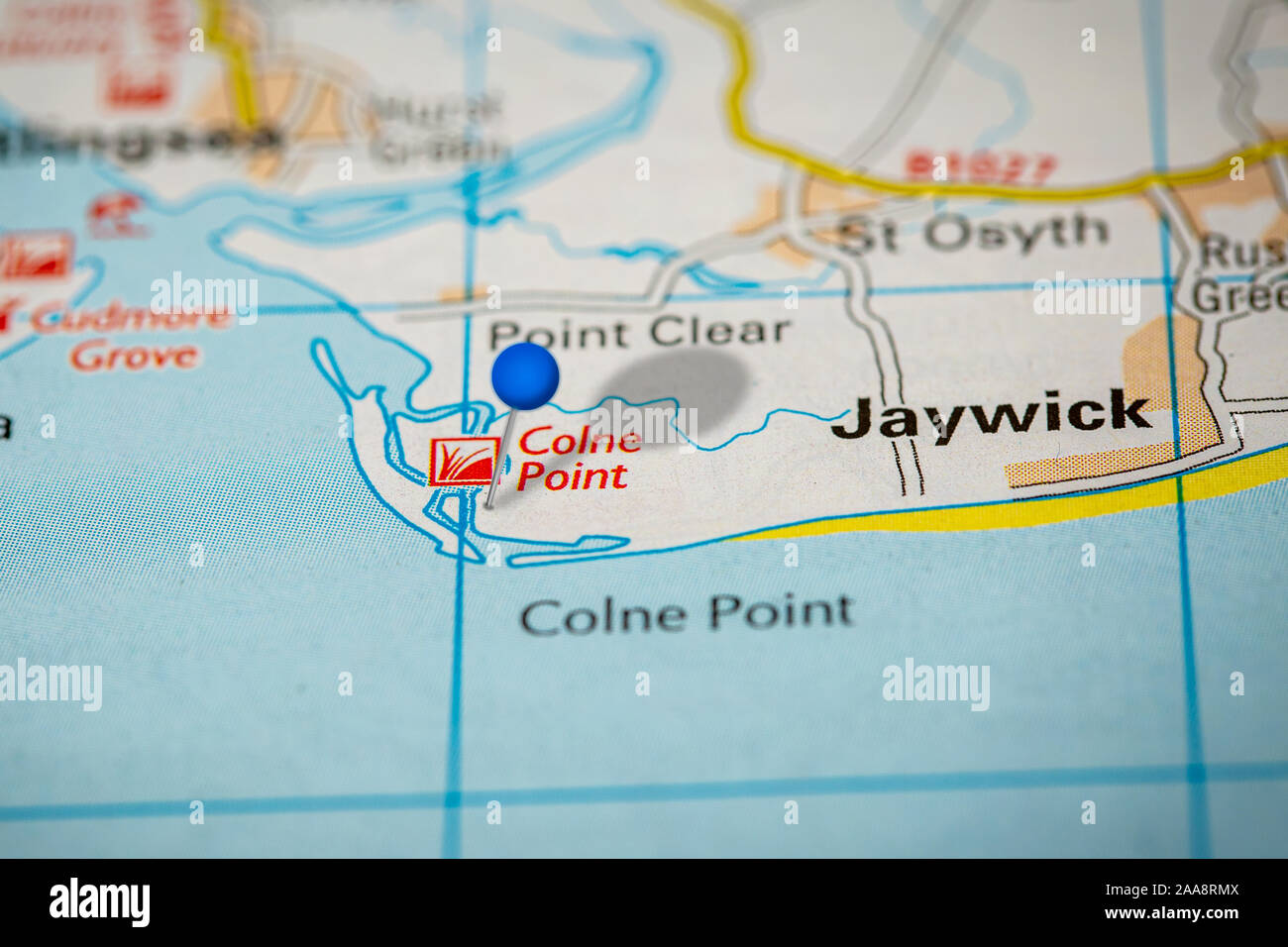 Blue Map Pin on Paper Map Showing Colne Point Stock Photo - Alamy