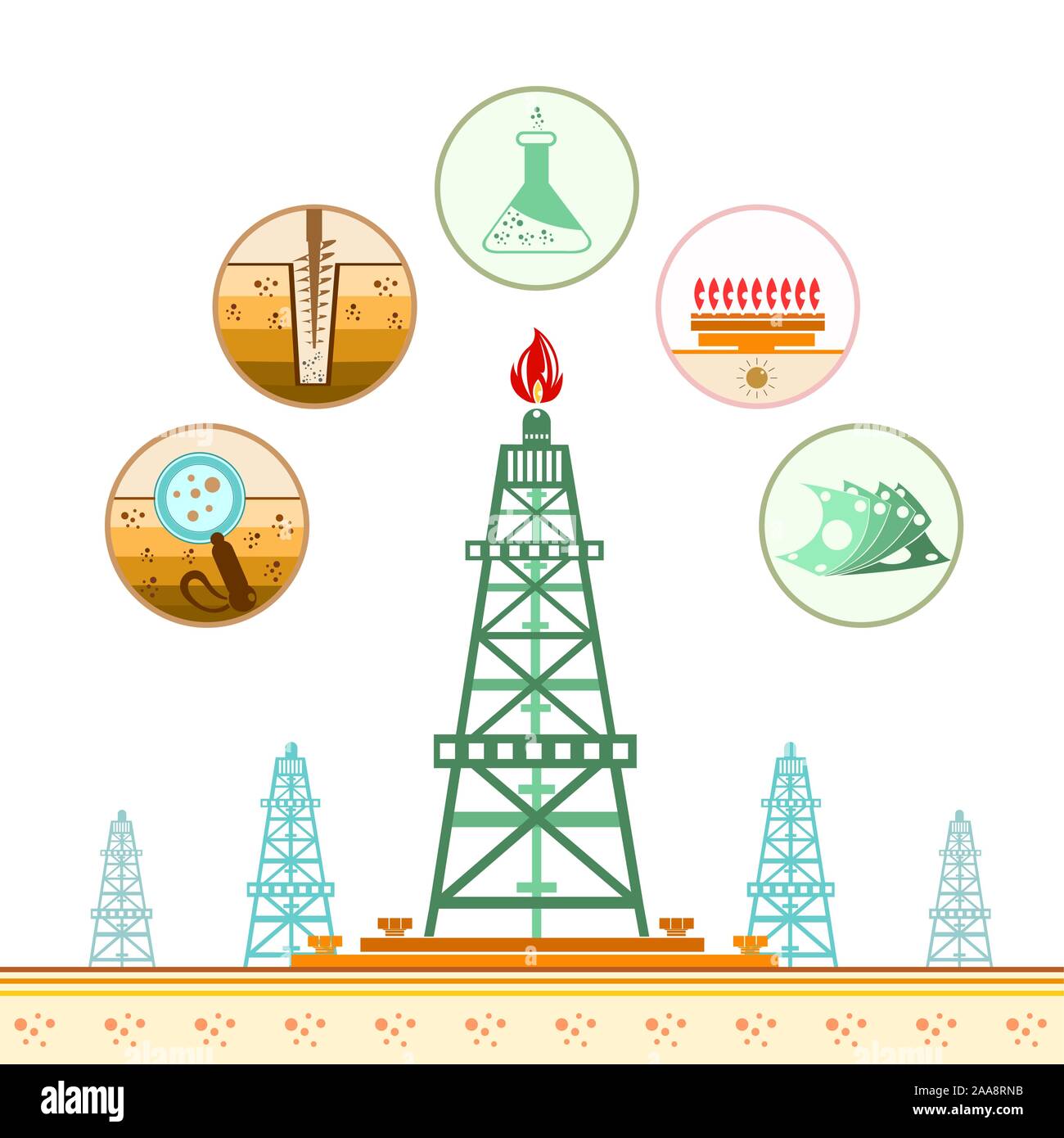 color gas rig and circle icons with stages of process gas production ...