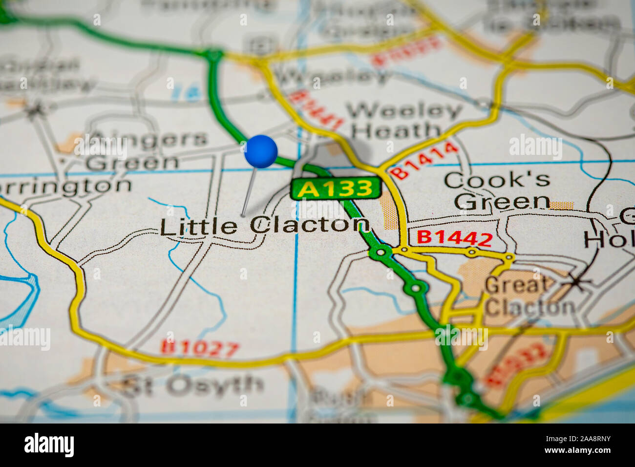 Blue Map Pin on Paper Map Showing Little Clacton Stock Photo - Alamy