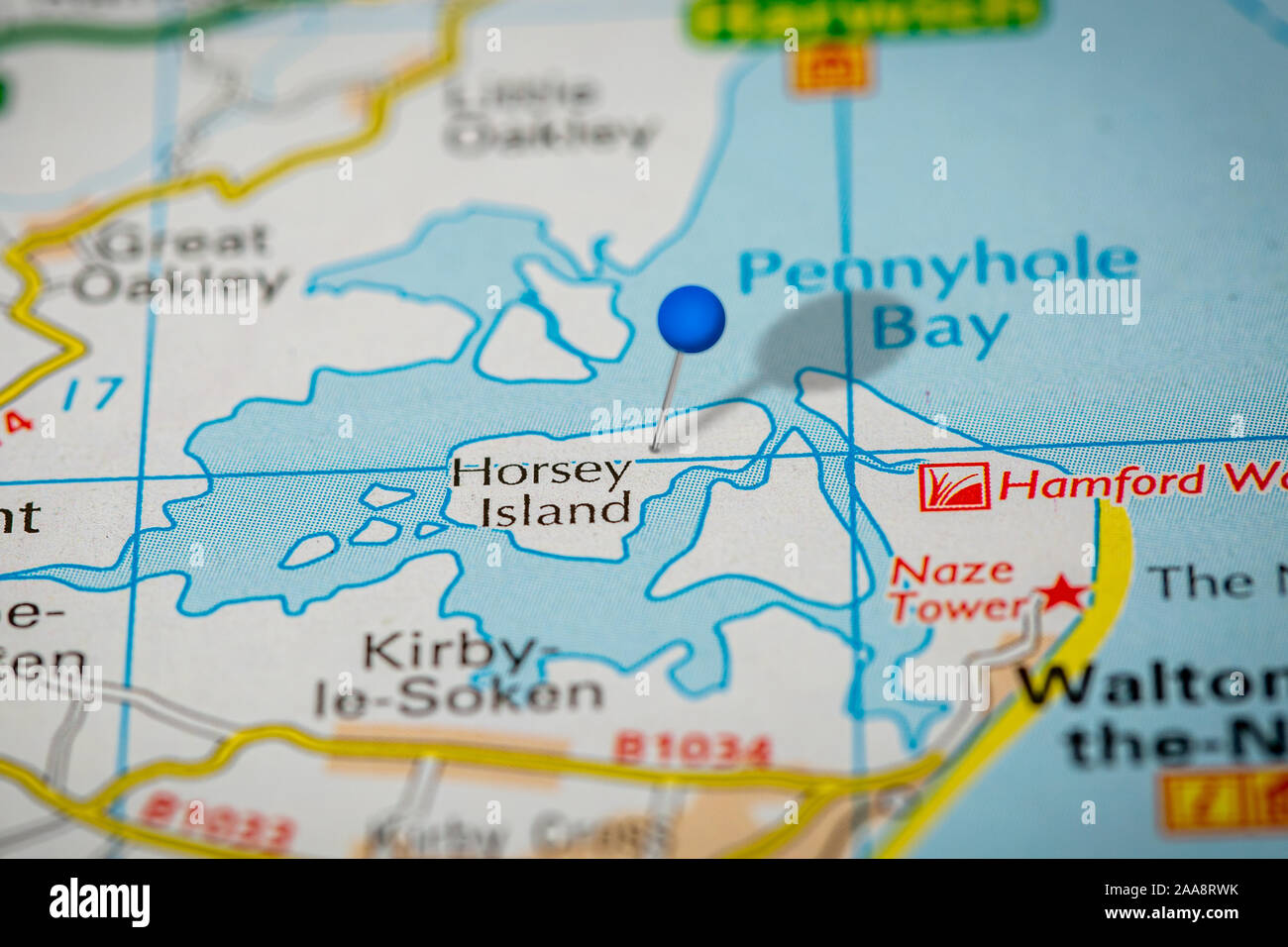 Blue Map Pin on Paper Map Showing Horsey Island Stock Photo - Alamy