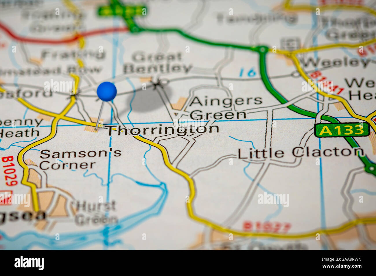 Blue Map Pin on Paper Map Showing Thorrington Stock Photo - Alamy