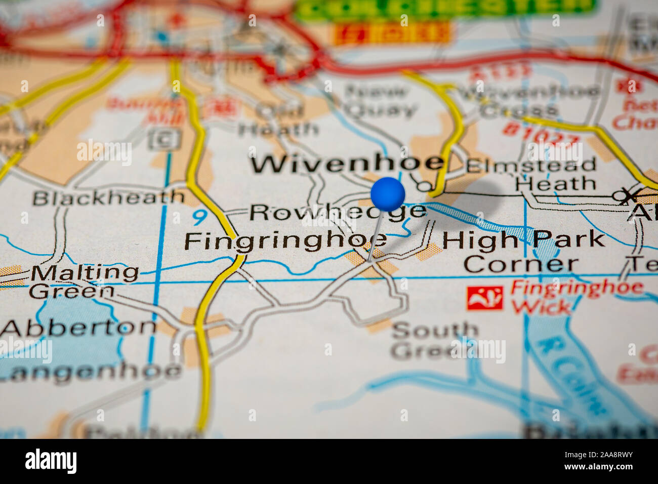 Blue Map Pin on Paper Map Showing Fingringhoe Stock Photo - Alamy