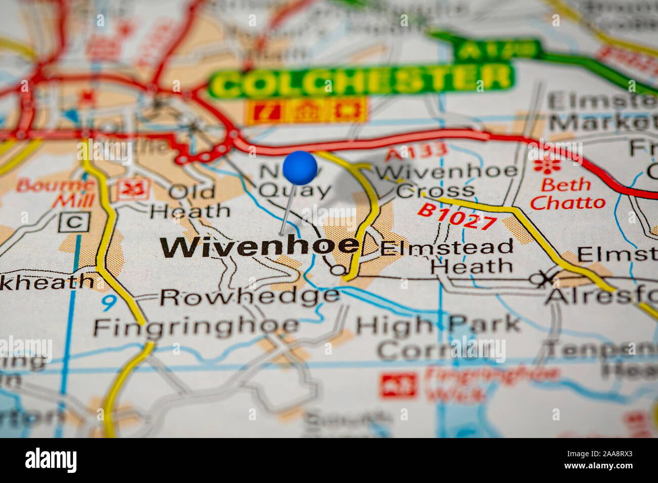Blue Map Pin on Paper Map Showing Wivenhoe Stock Photo - Alamy