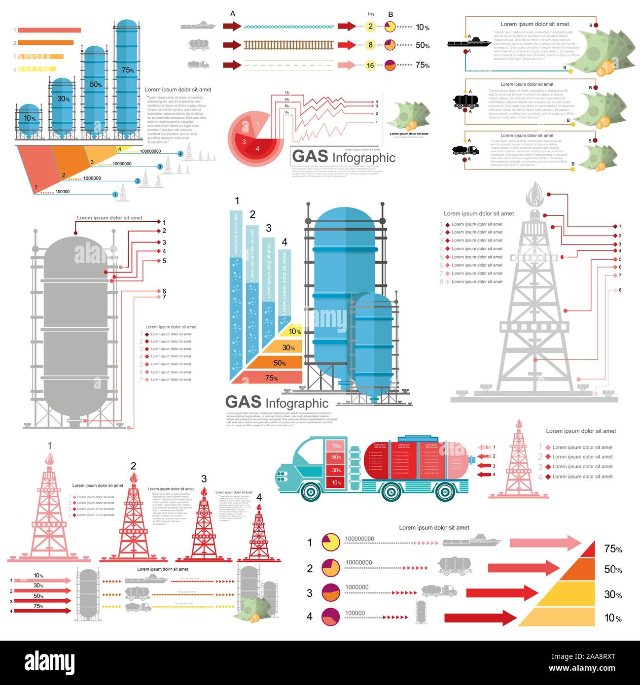 set of flat design of gas and gas rig infographics gas production ...