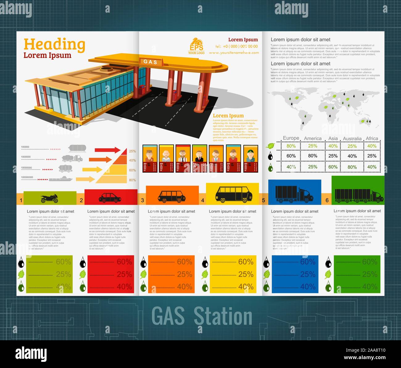 Trifold business brochure or flyer, gas station infographic realistic ...