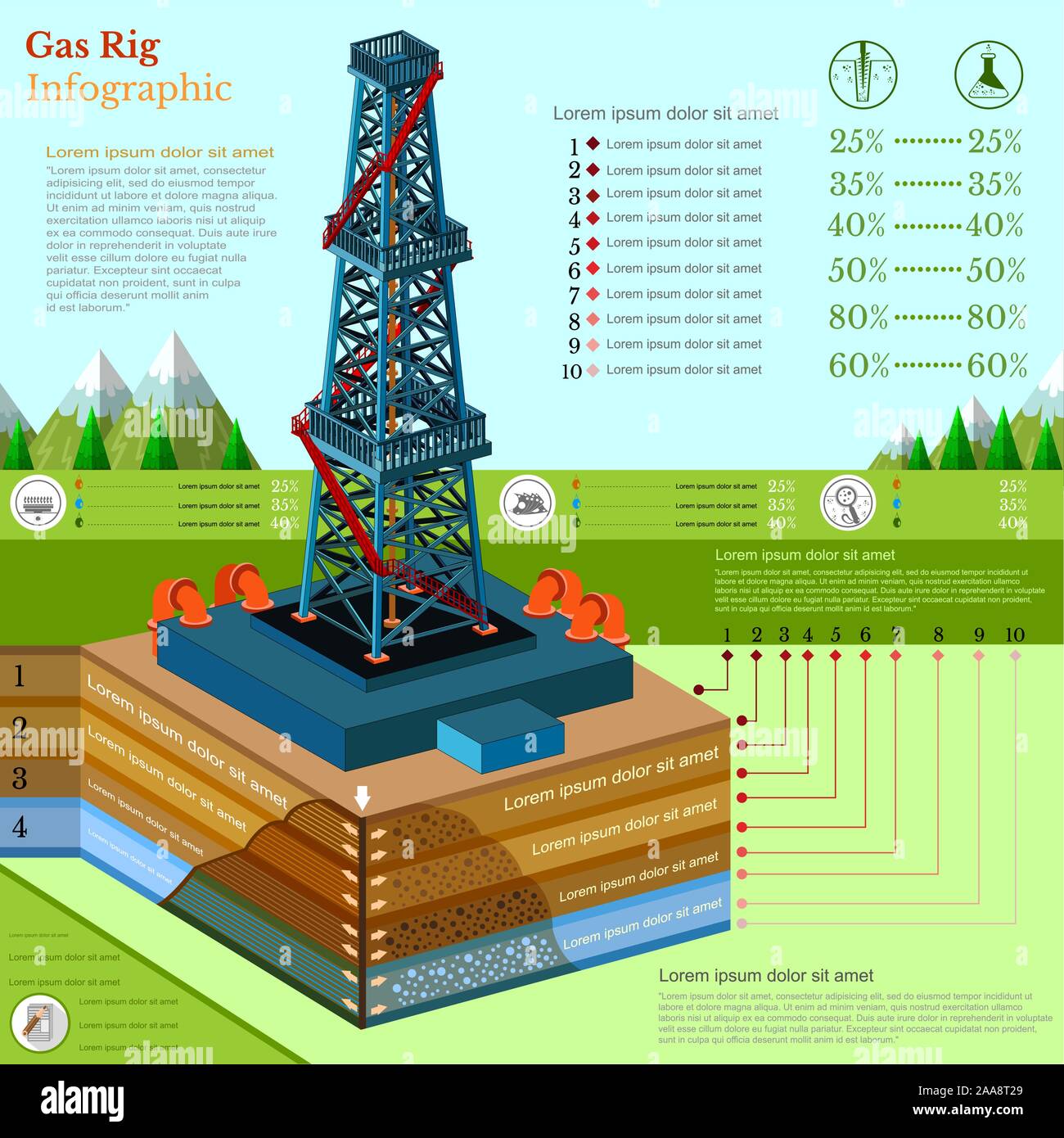 oil derrick tower or gas rig infographic with landscape Stock Vector ...