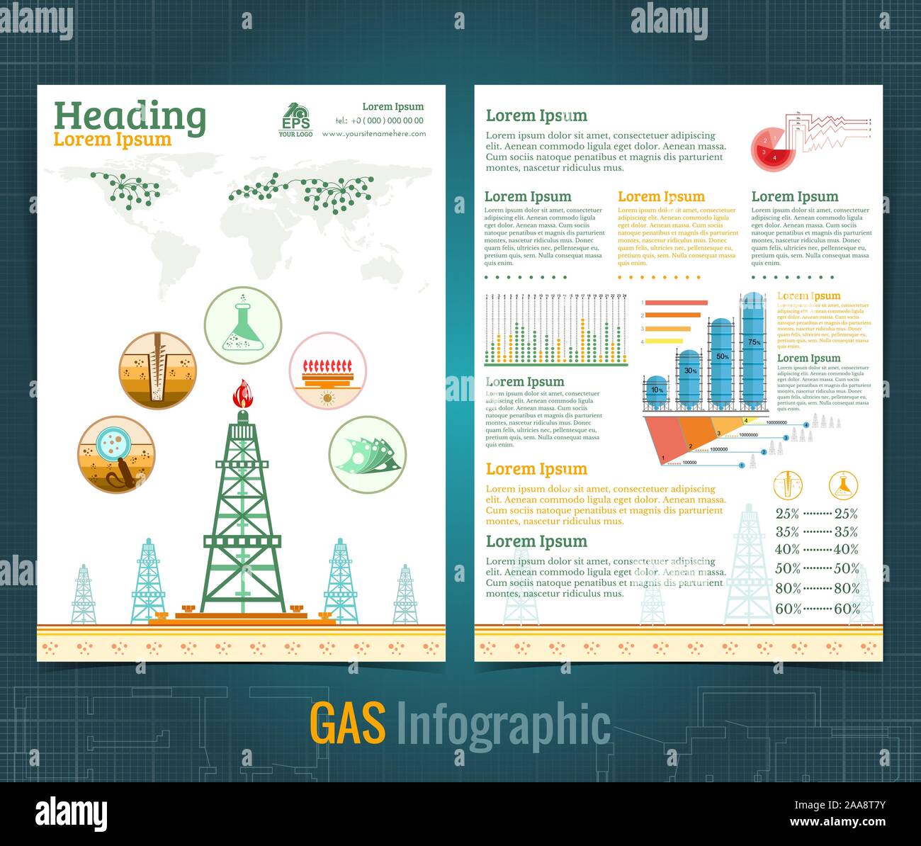 Two sided business brochure or flyer, gas rig or oil derrik and ...