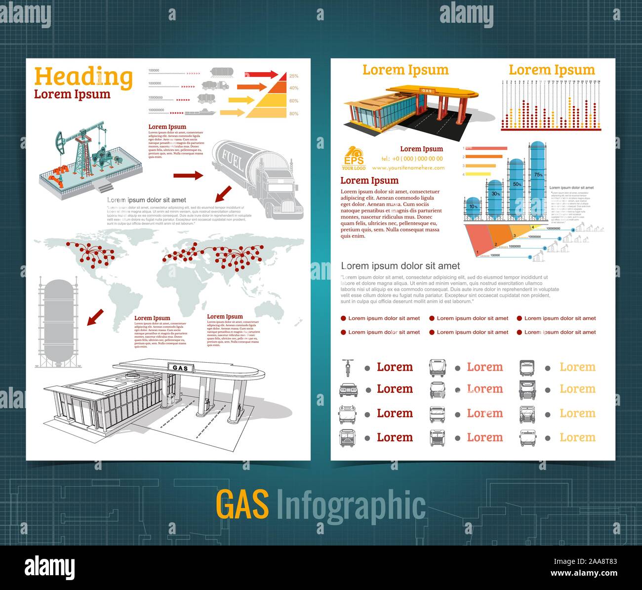 Two sided business brochure or flyer, sketch gas station infographic ...