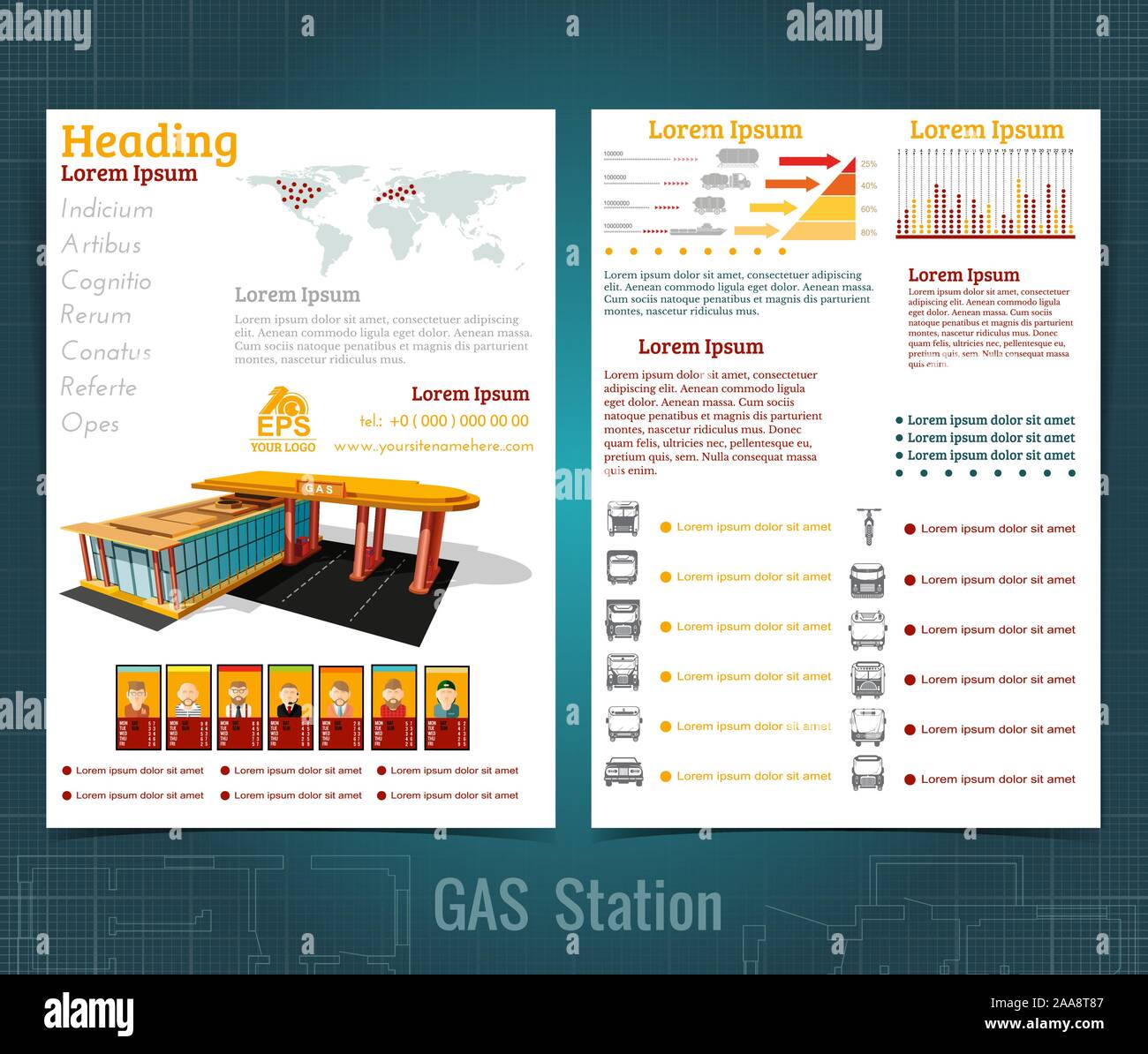 Two sided business brochure or flyer, gas station infographic realistic ...
