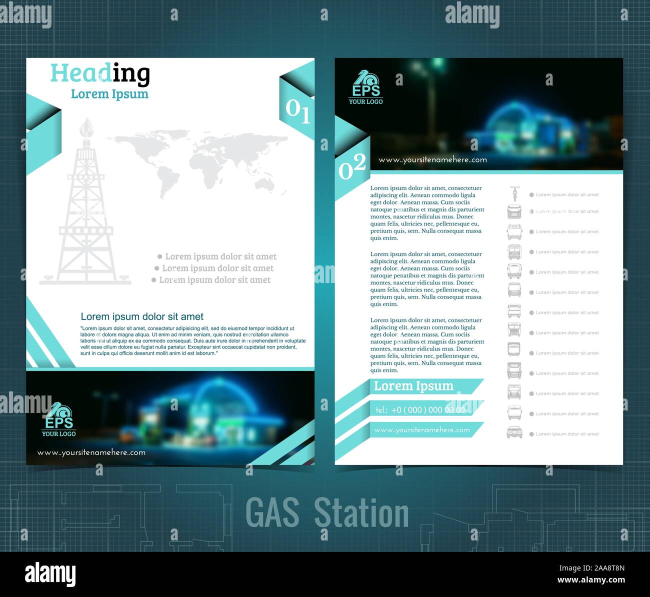 Two sided business brochure or flyer, gas station infographic, abstract ...