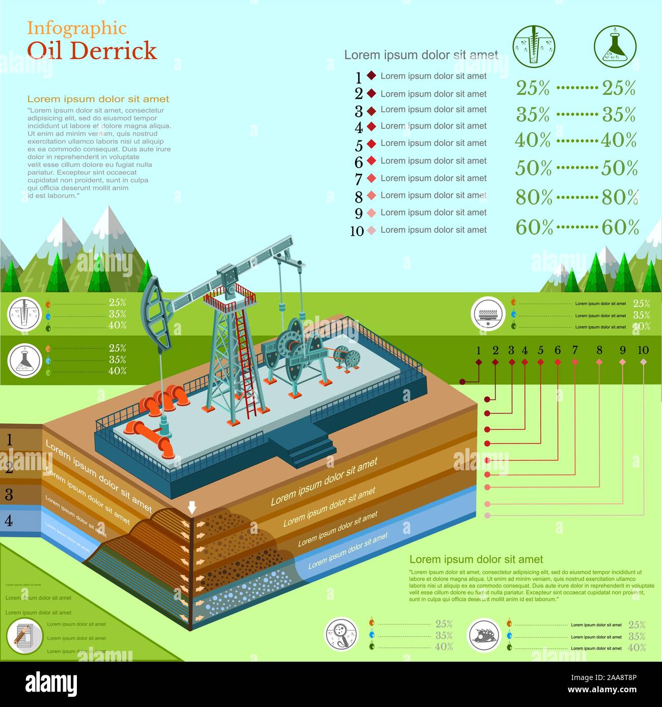 oil derrick tower or gas rig infographic and landscape Stock Vector ...