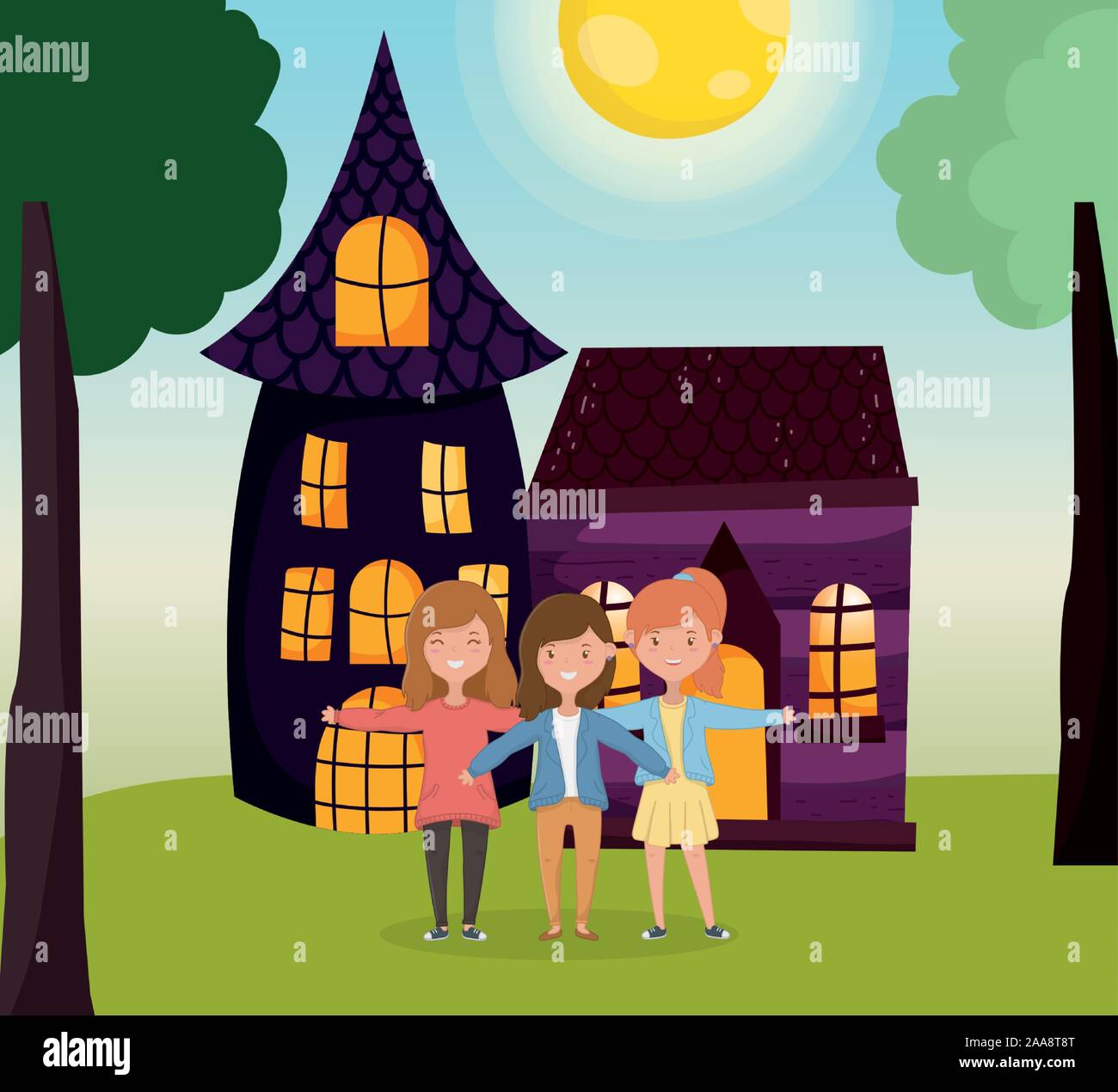 group of women hugging in front of the country house vector ...