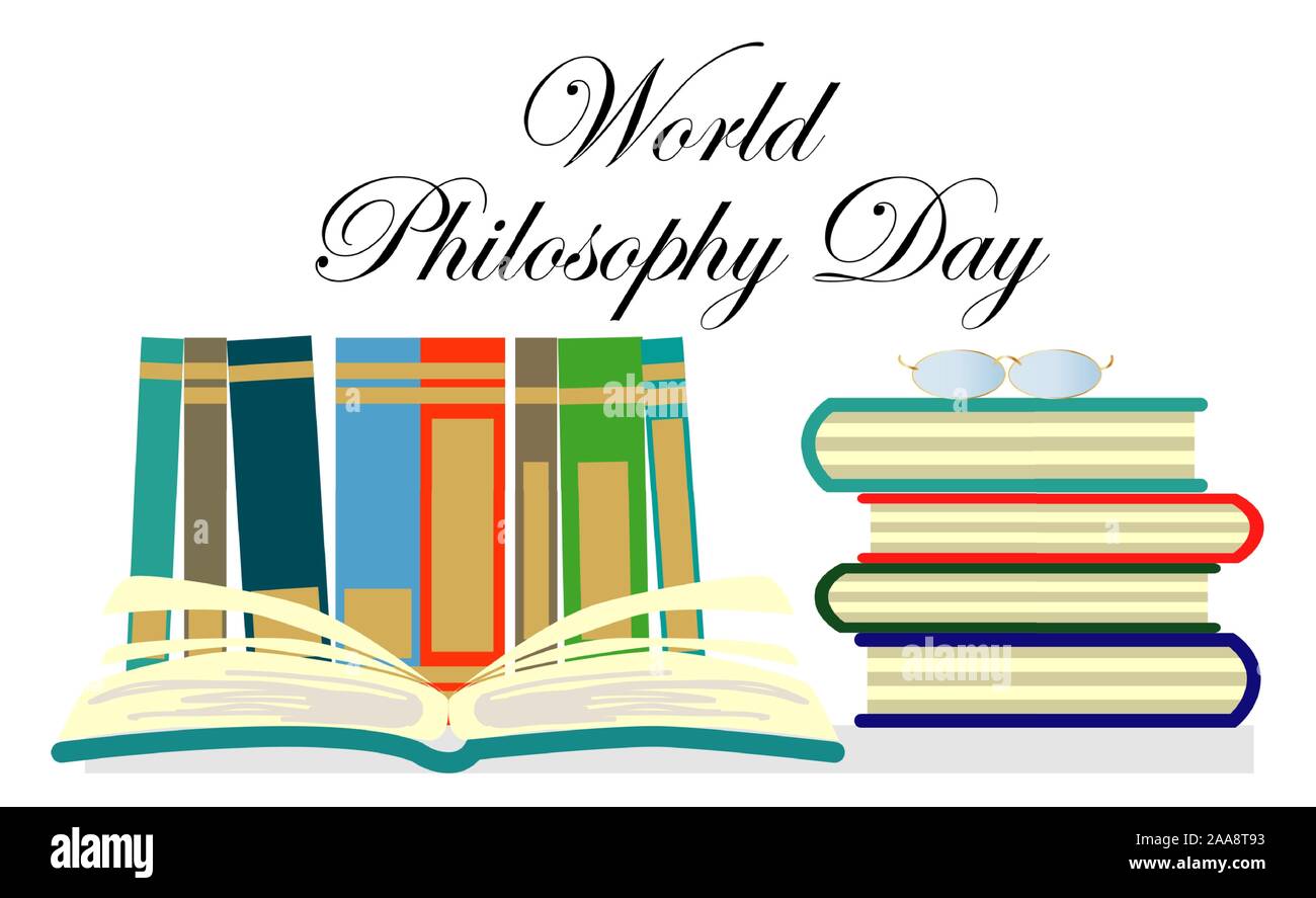 World Philosophy Day. Stack of books with open book and lettering on ...