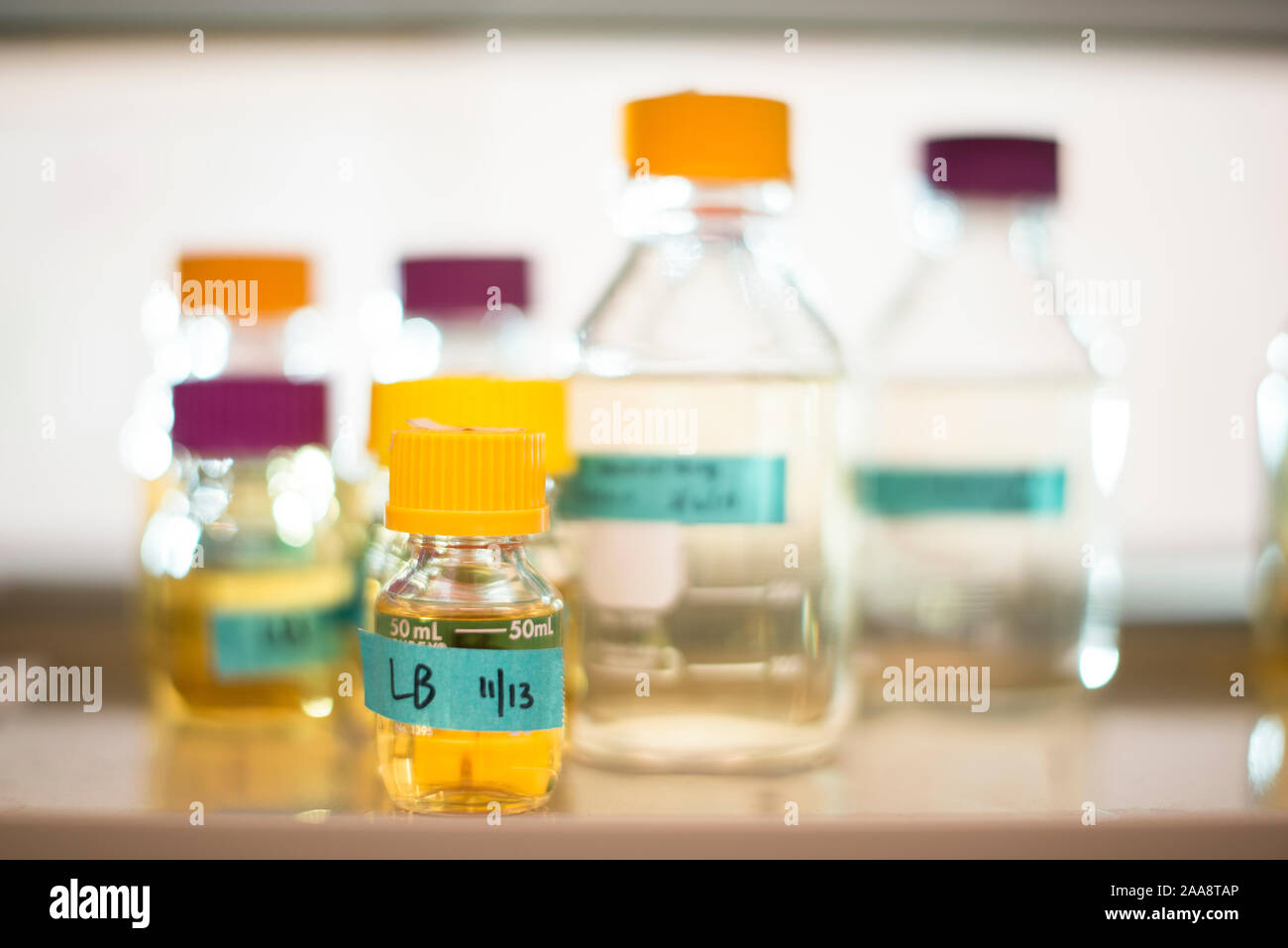 Various sized bottles with solutions on a lab shelf Stock Photo - Alamy