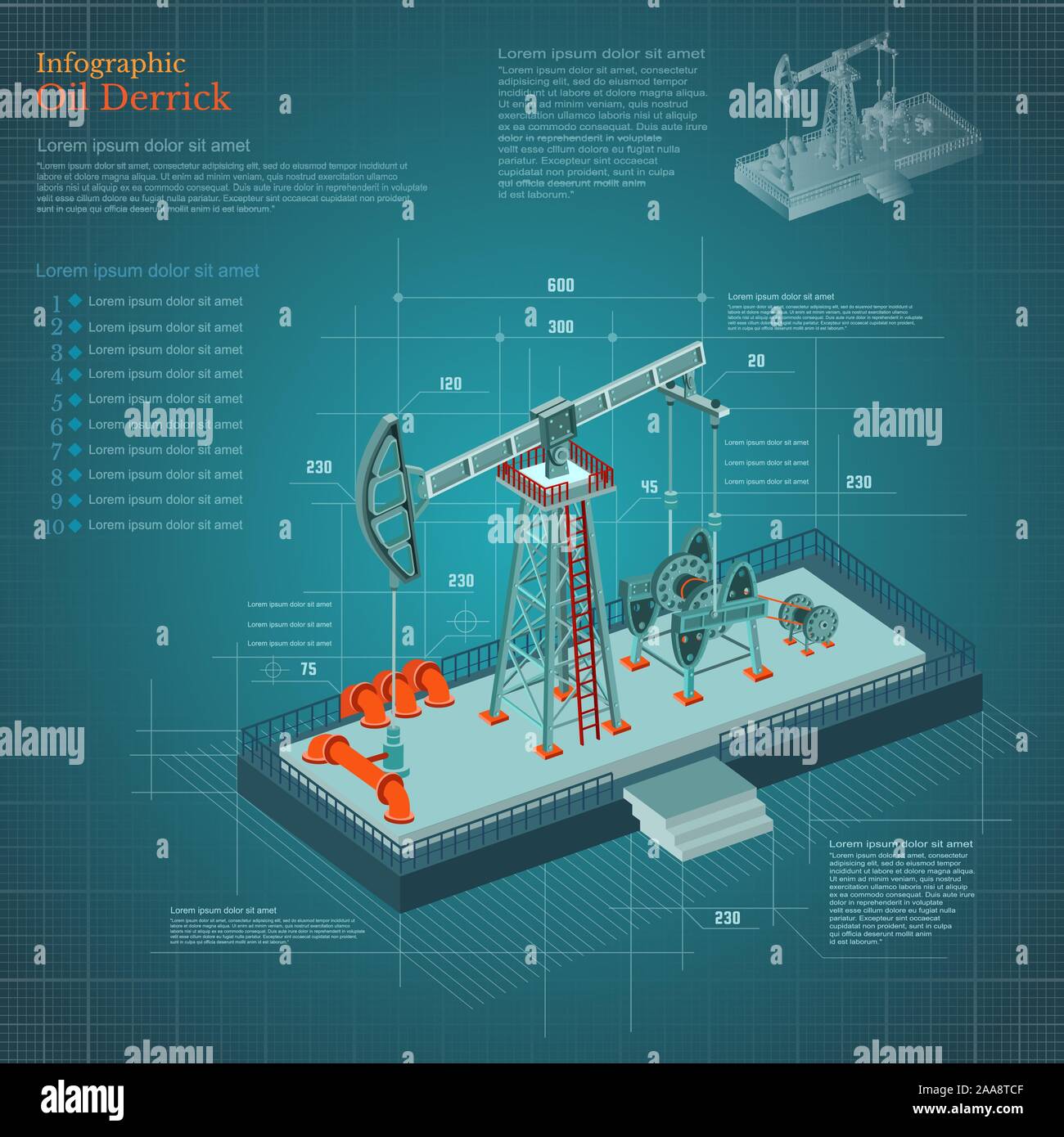 plan-drawing oil derrick tower infographic on blue scheme paper Stock ...