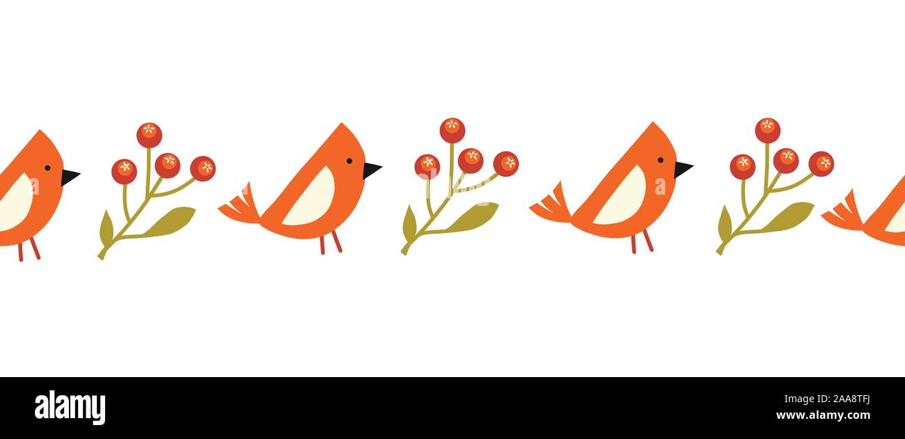 Red cardinal bird and mistletoe branches seamless horizontal vector ...