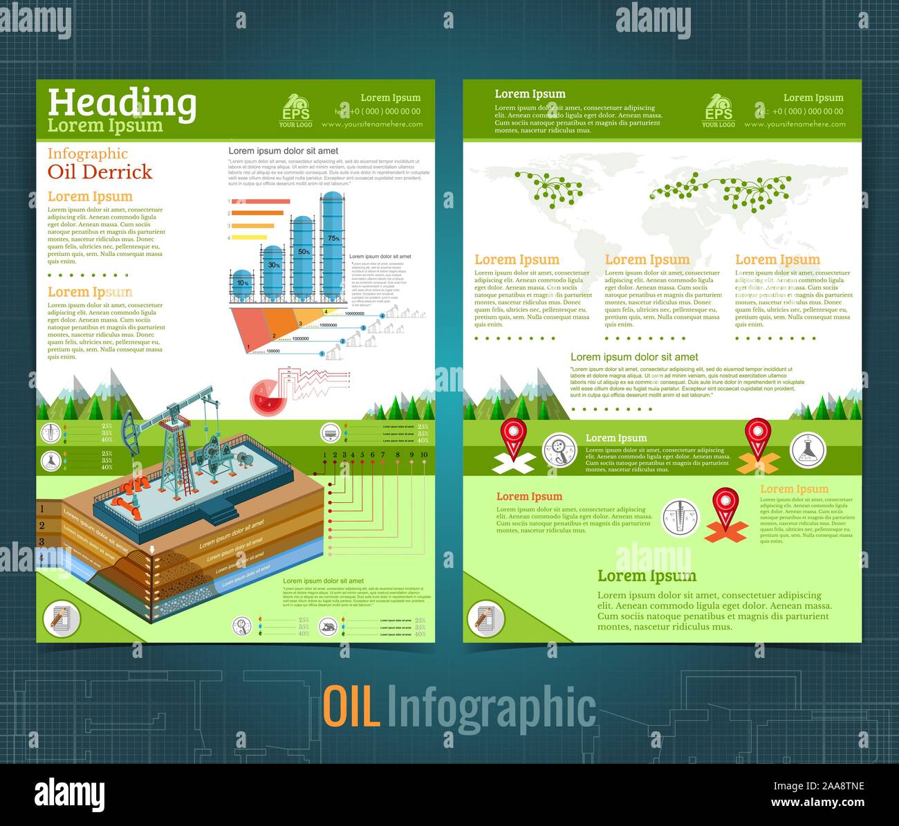 Two sided business brochure, gas rig or oil derrik on landscape with ...